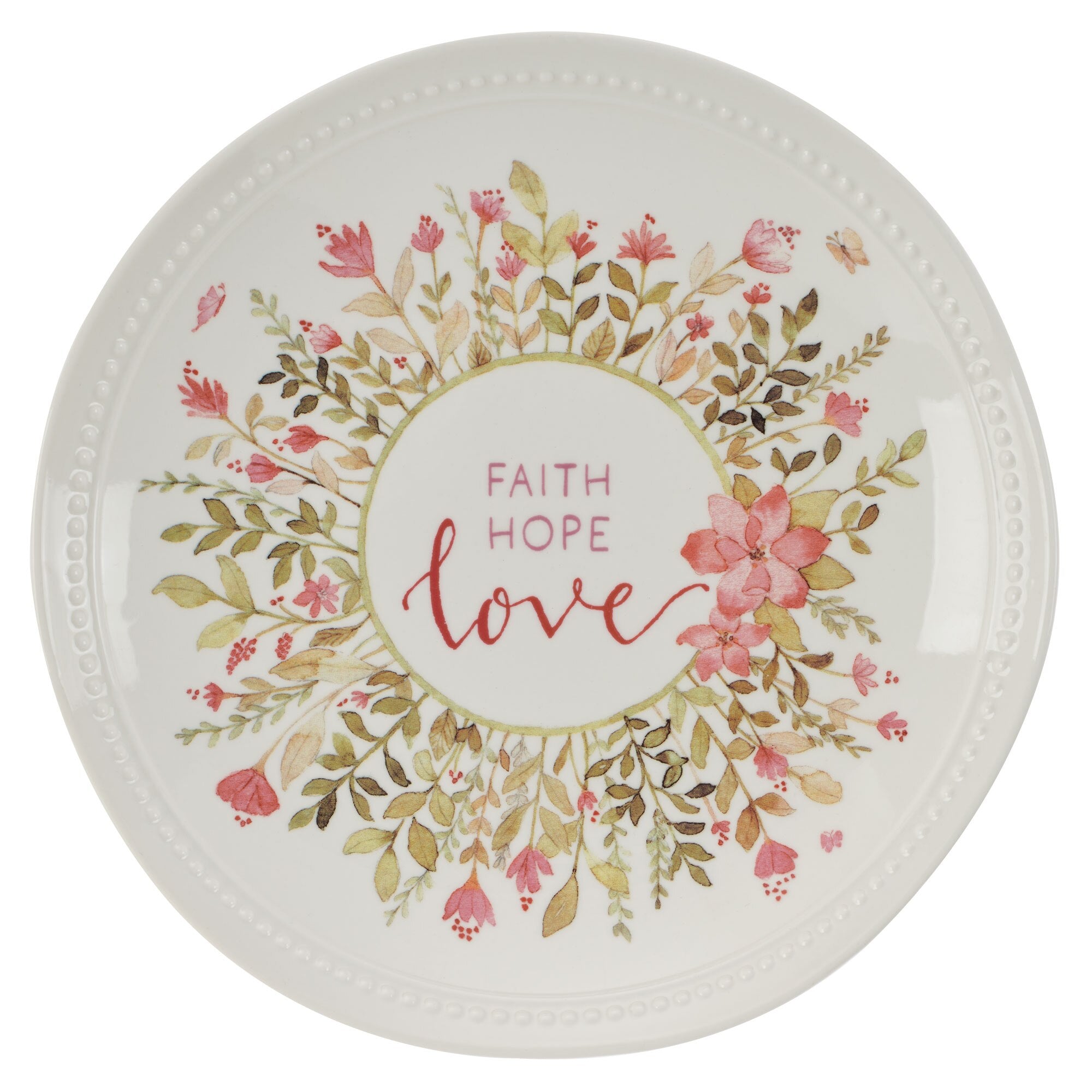 Faith, Hope, Love Pink Floral Ceramic Plate – Christian Art Gifts