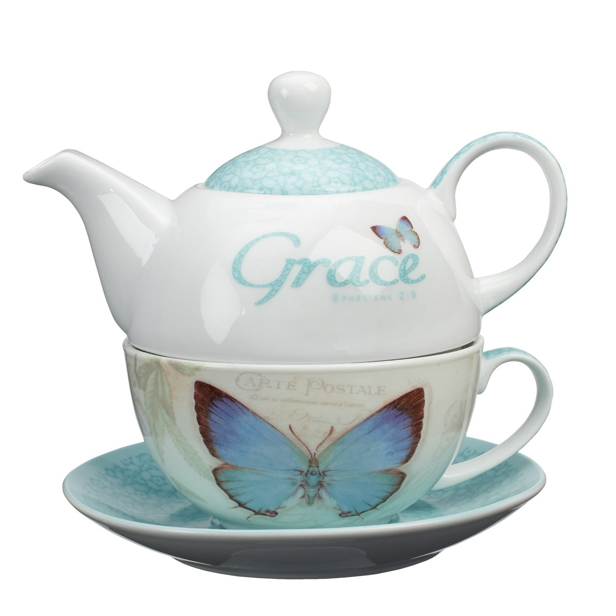 Grace Blue Butterfly Blessings Tea Set for One - Ephesians 2:8 ...